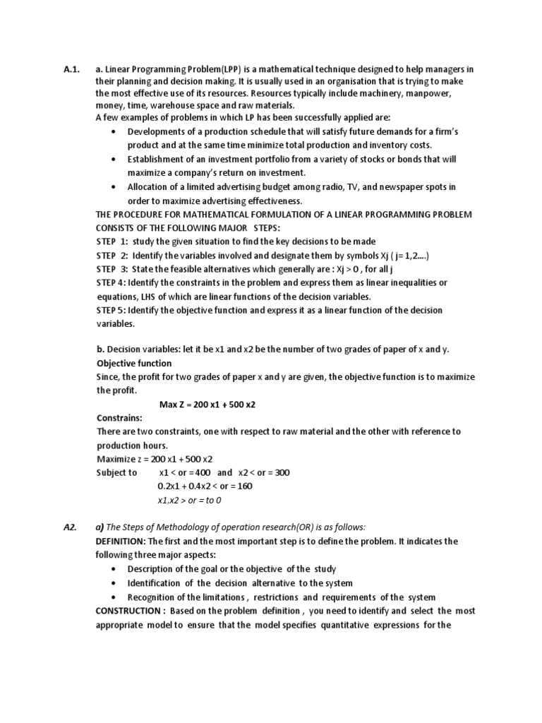 A2. A) The Steps of Methodology of Operation Research (OR) Is As ...