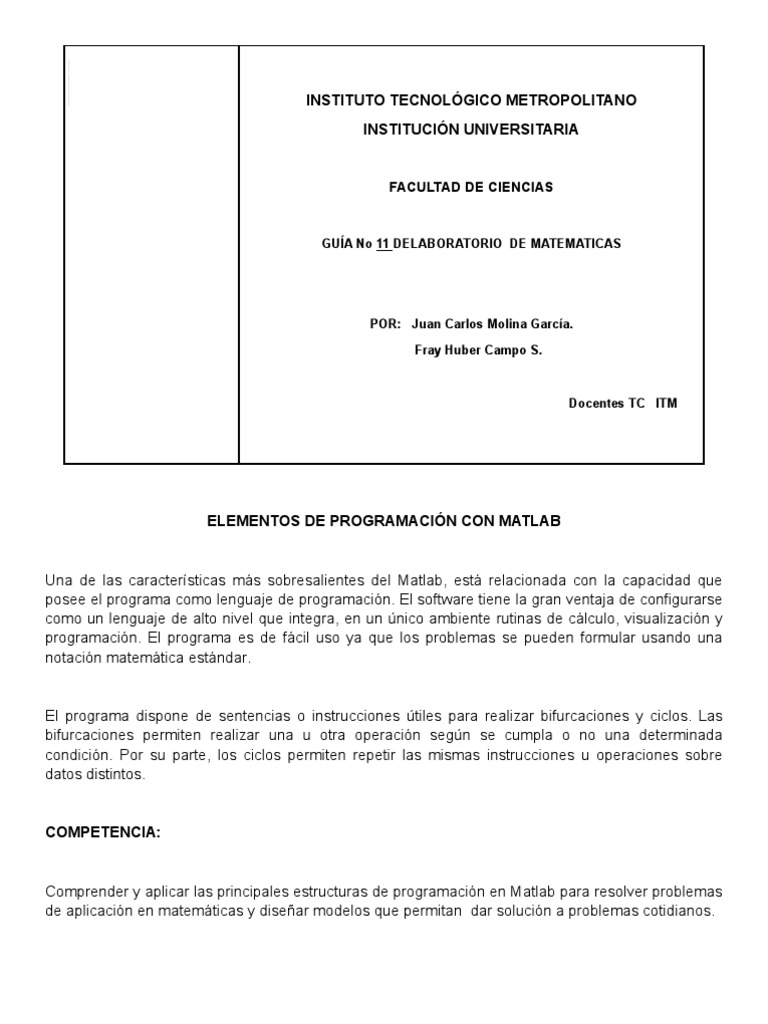 Guía 11 Laboratorio Programacion en Matlab | PDF | Programación de computadoras | Programa de ...