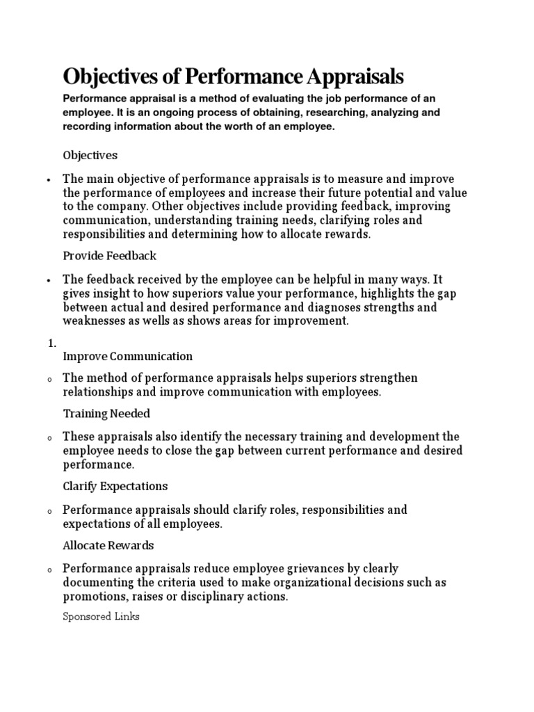 Objectives of Performance Appraisals | PDF | Performance Appraisal | Layoff