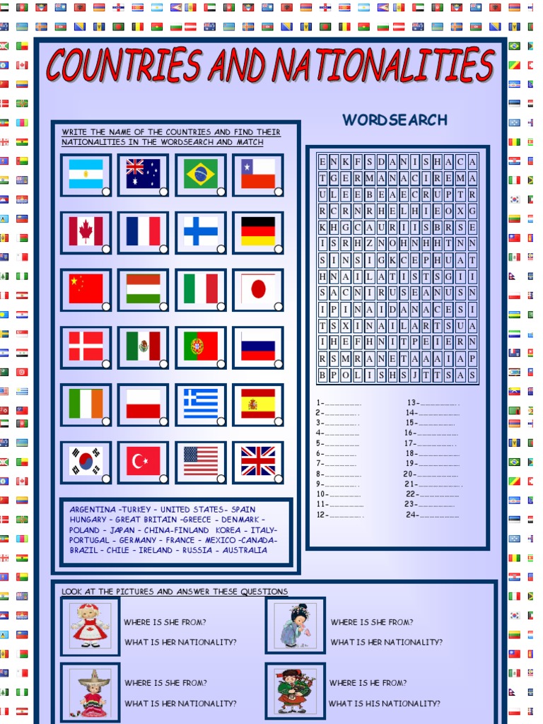 Country and Nationality Word Search | PDF