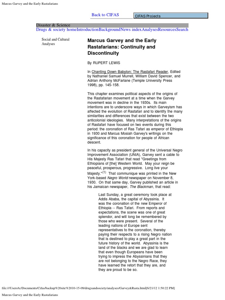Marcus Garvey and The Early Rastafarians: Continuity and Discontinuity ...