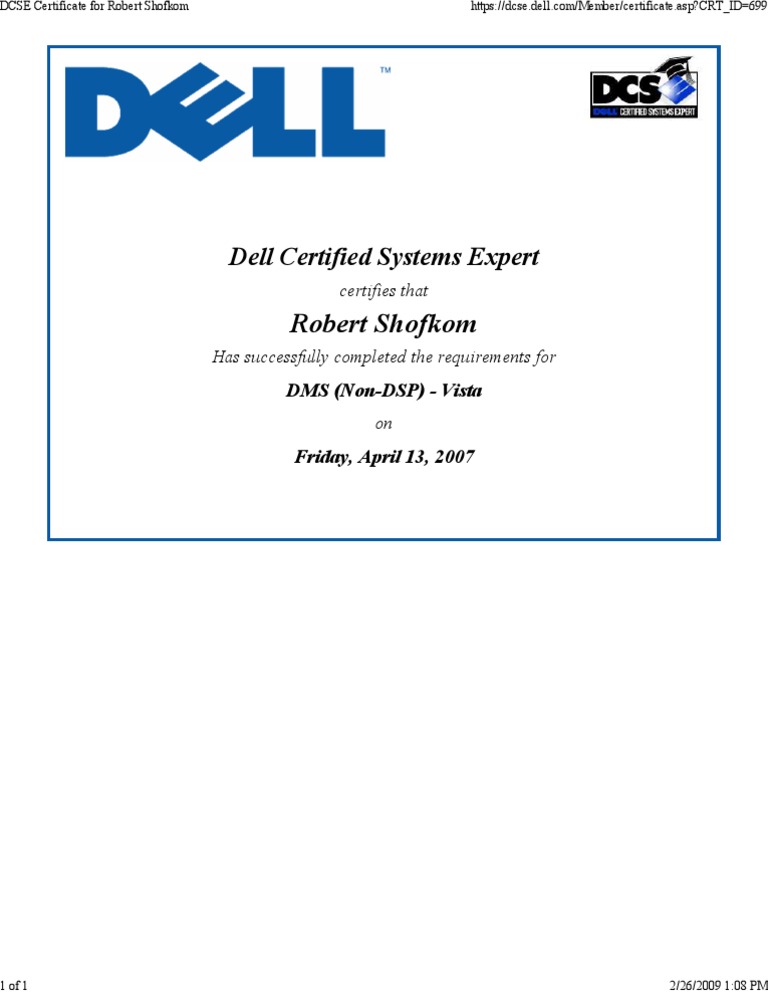 Dell DCSE Vista OS Certification | PDF