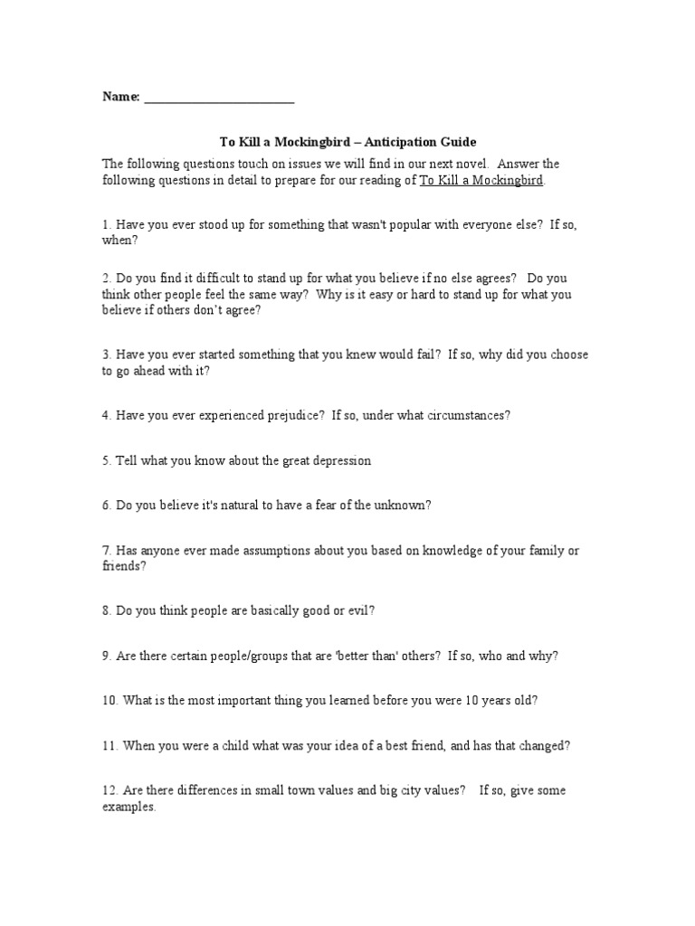 To Kill a Mockingbird Anticipation Guide | PDF