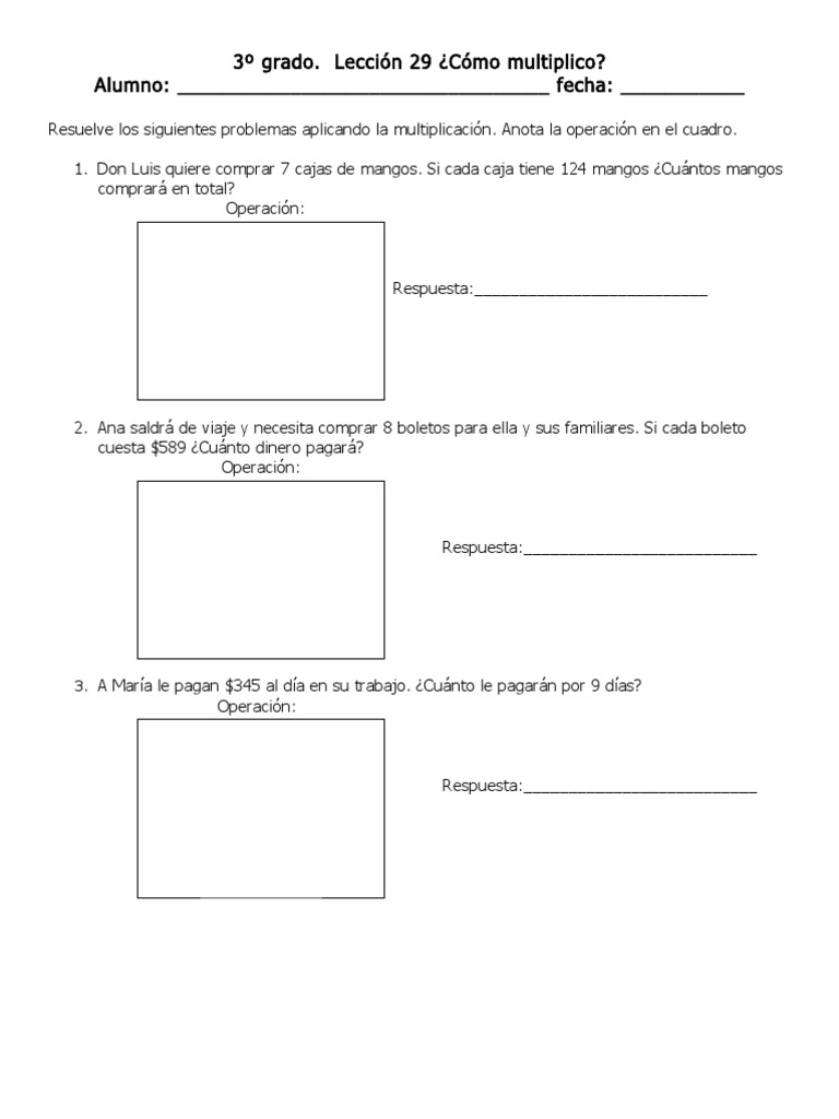 Matemáticas 3º Lección 29 - Problemas de Multiplicación | PDF