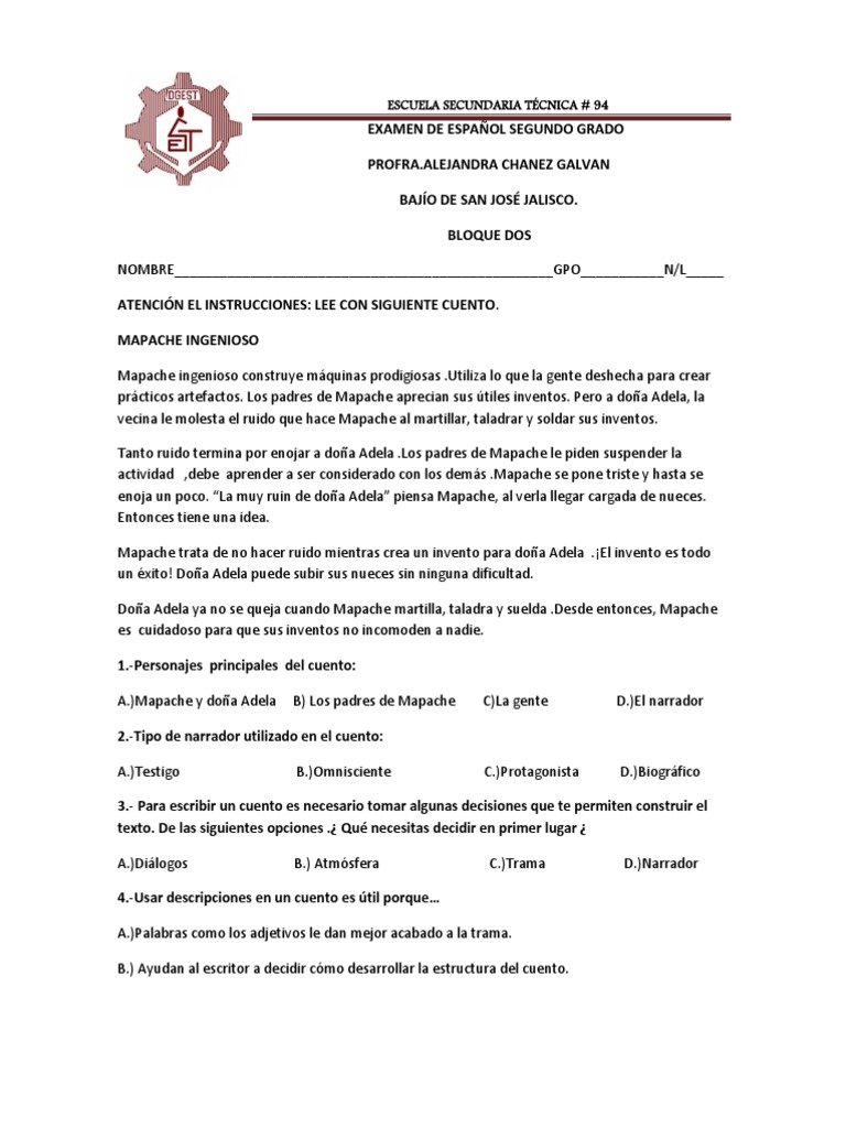 Examen de Español Segundo Grado Bloque Dos | PDF | Narración | Lengua ...