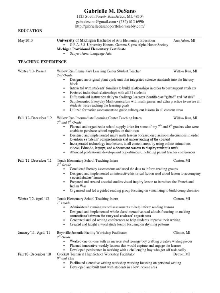 Gabrielle DeSano Teaching Resume | PDF | Teachers | Primary Education
