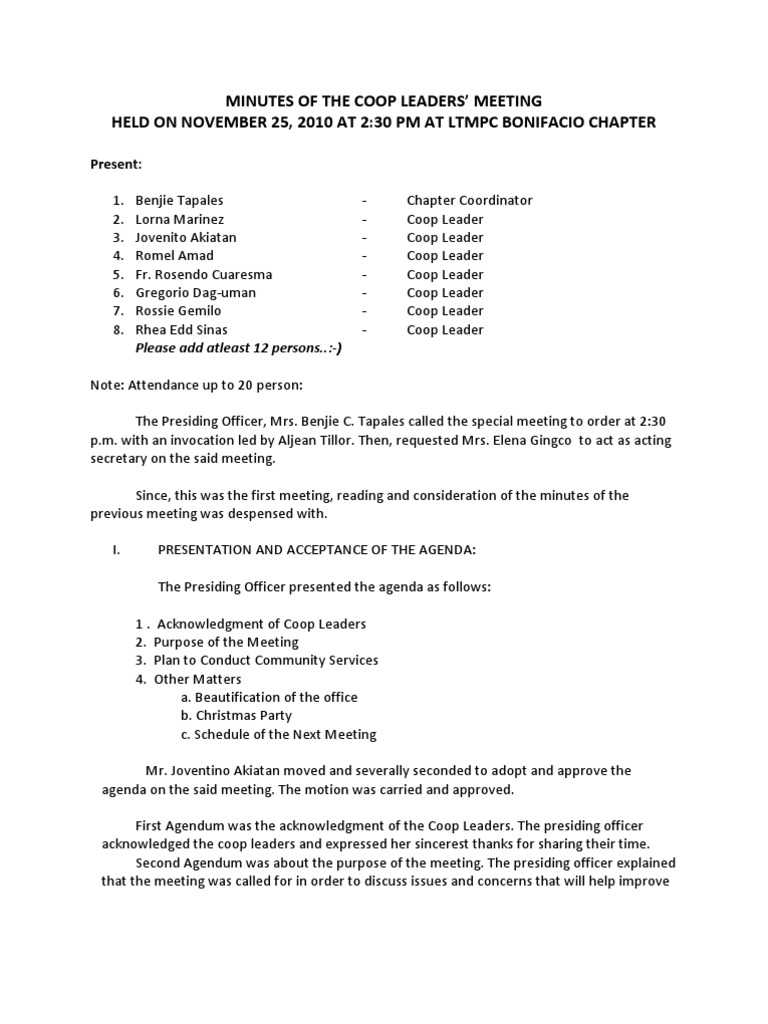 C) - Minutes of The Meetings (Sample) LTMPC | Chairman | U.S ...