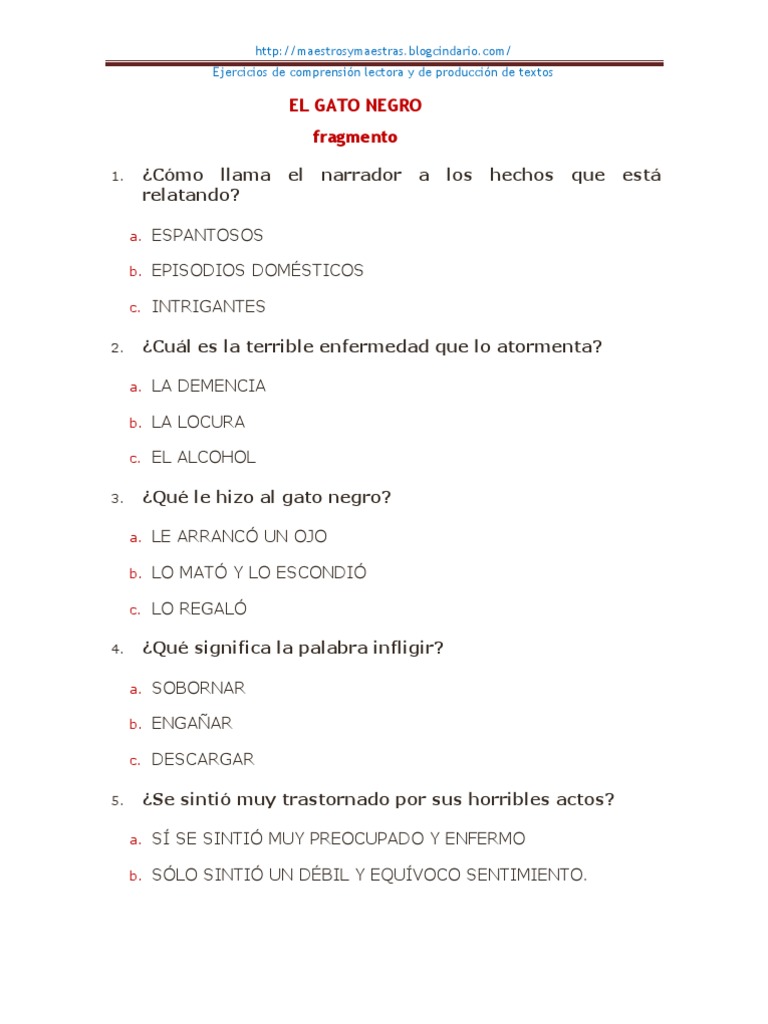 Comprensión Lectora: El Gato Negro | PDF | Artes del Lenguaje y ...
