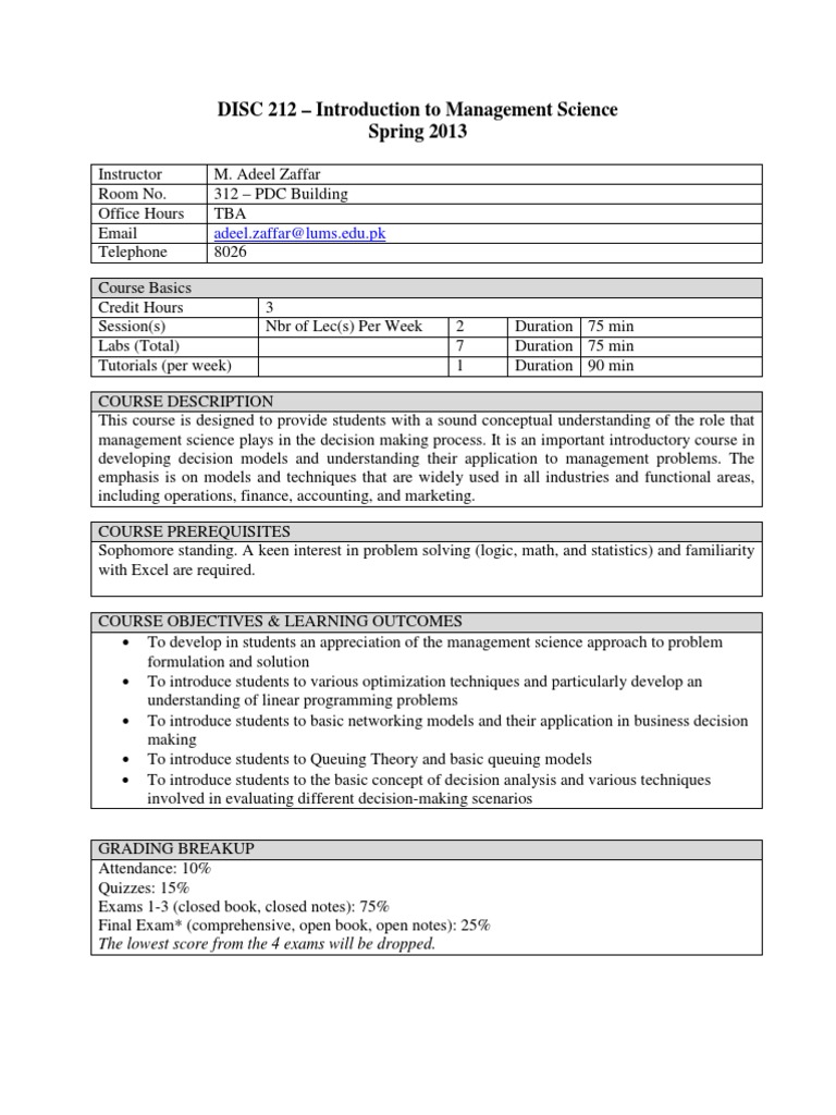 DISC 212-Introduction To Management Science-M. Adeel Zaffar (Tentative) PDF | PDF | Mathematical ...