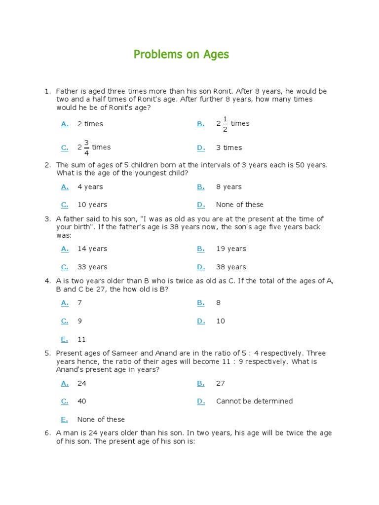 Problems On Ages | PDF | Teaching Mathematics