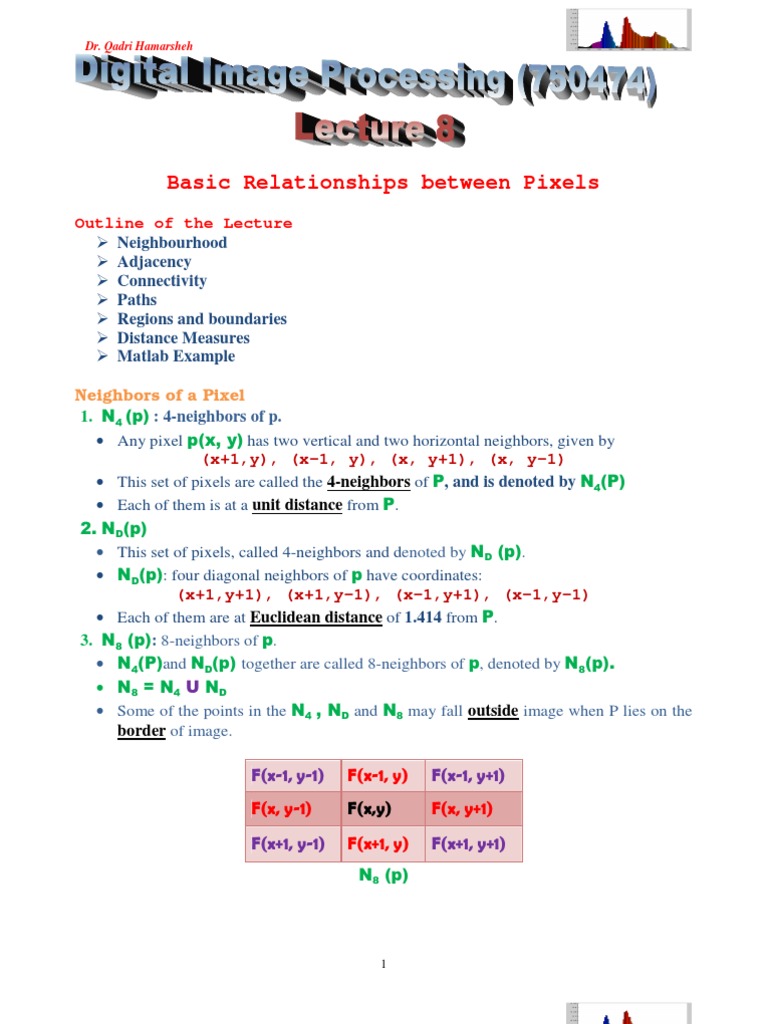 Lecture 8 Basic Relationships Between Pixels PDF | PDF | Distance | Pixel
