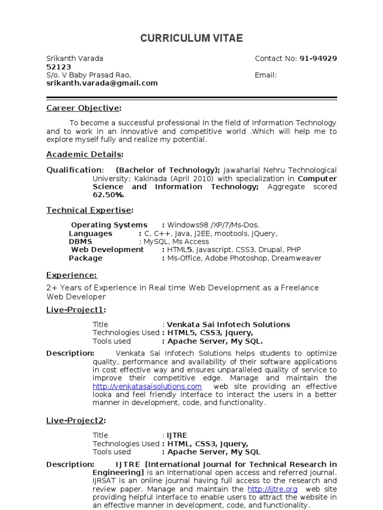 CV for Srikanth Varada highlighting IT experience and projects | PDF ...