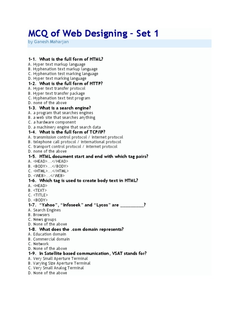 MCQ of Web Designing | PDF | Web Page | Hyperlink