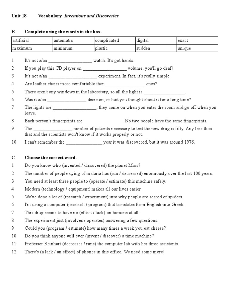 Unit 18 Vocabulary Inventions and Discoveries B Complete Using The ...