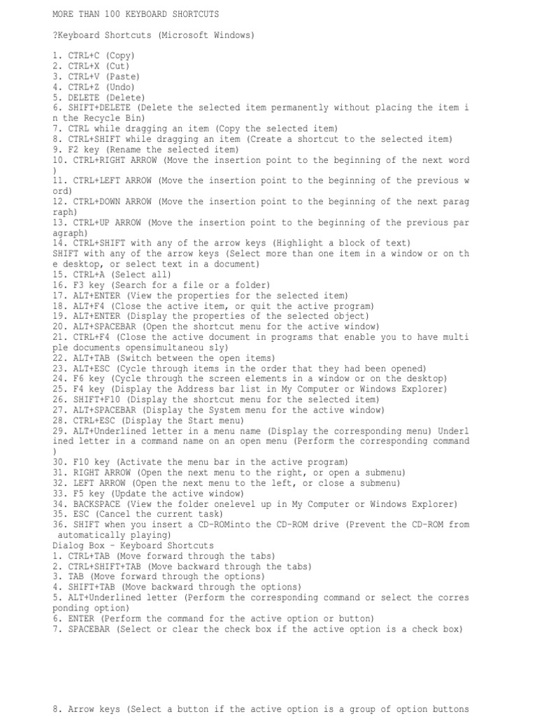 100 Keyboard Shortcuts | PDF