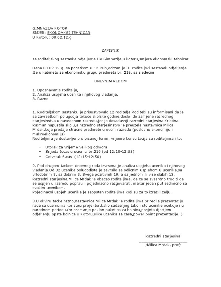 Zapisnik Sa Treceg Roditeljskog Sastanka