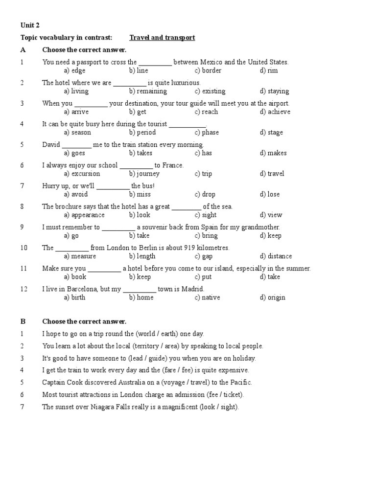 Unit 2 Topic Vocabulary in Contrast: Travel and Transport A Choose The ...