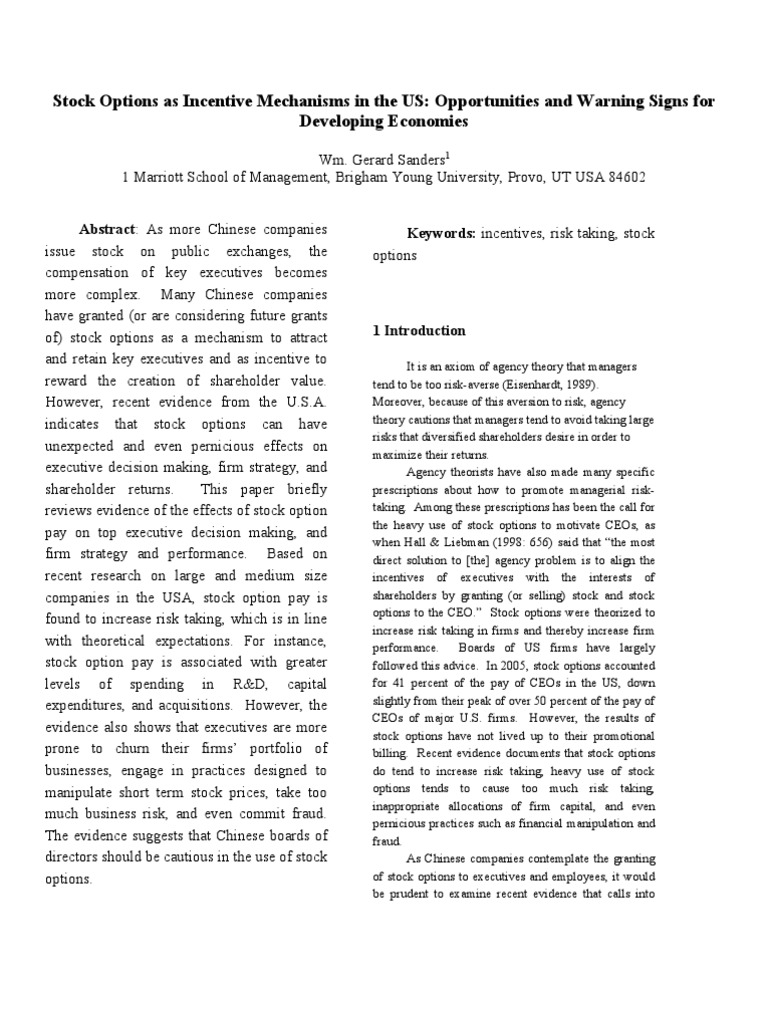 Stock Options As Incentive Mechanisms in The US: Opportunities and ...