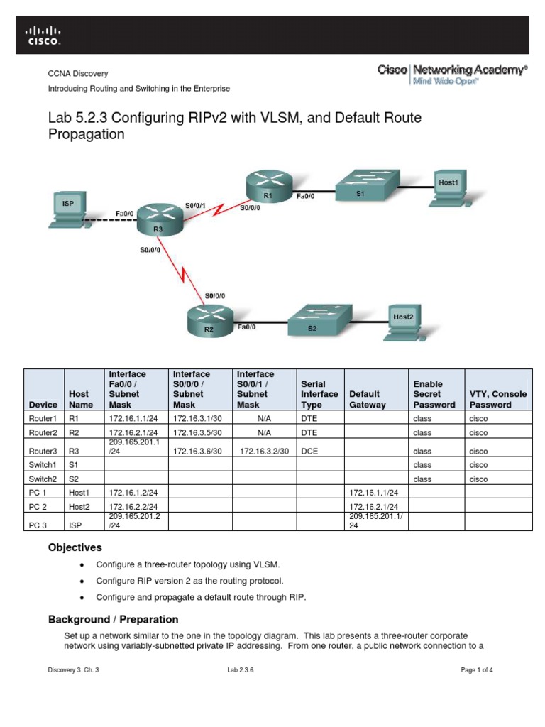 Lab 5.2.3 Configuring Ripv2 With VLSM, and Default Route Propagation | PDF | Ip Address | Router ...