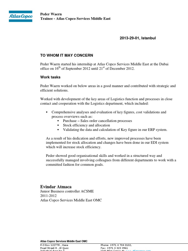 Recommendation Letter - Atlas Copco | PDF