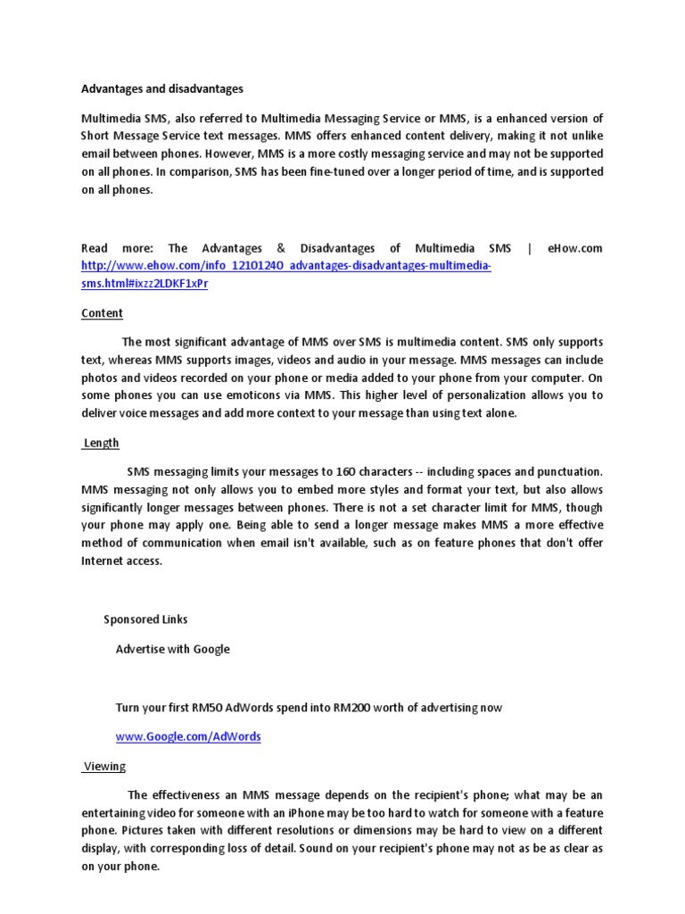 Advantages and Disadvantages: Sms - Html#Ixzz2Ldkf1Xpr | PDF ...