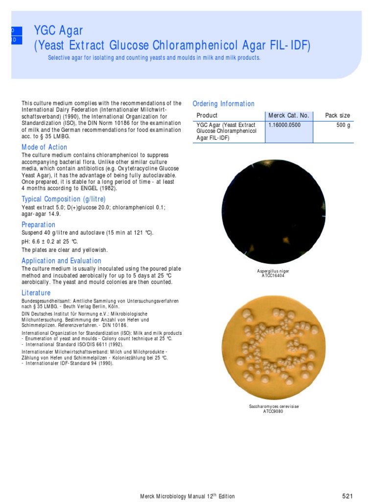 YGC Agar (Yeast Extract Glucose Chloramphenicol Agar FIL-IDF) | PDF ...