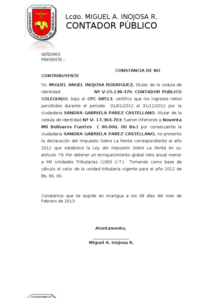 Constancia de No Contribuyente | Impuesto sobre la renta | Contador