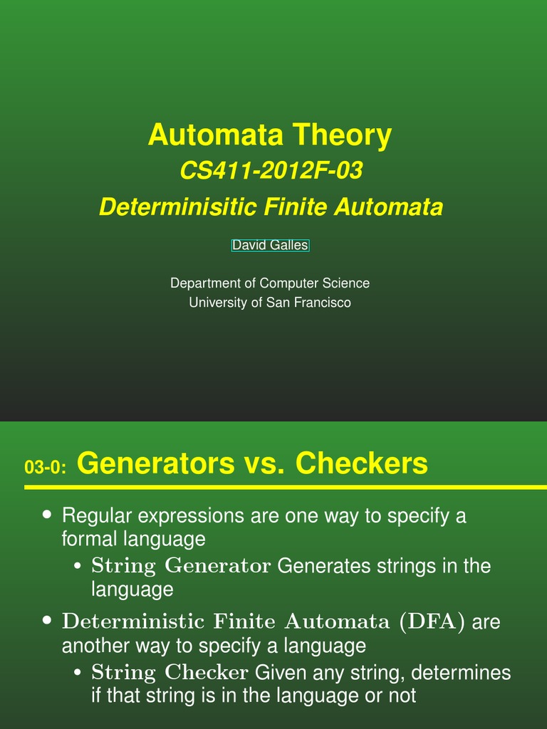 Automata Theory Cs411 2012f 03 Determinisitic Finite Automata Pdf Formal Methods Computer