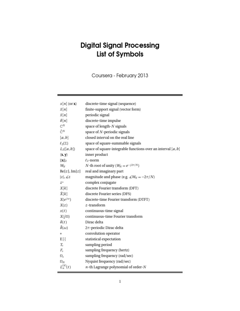 Digital Signal Processing List of Symbols: Coursera - February 2013 ...