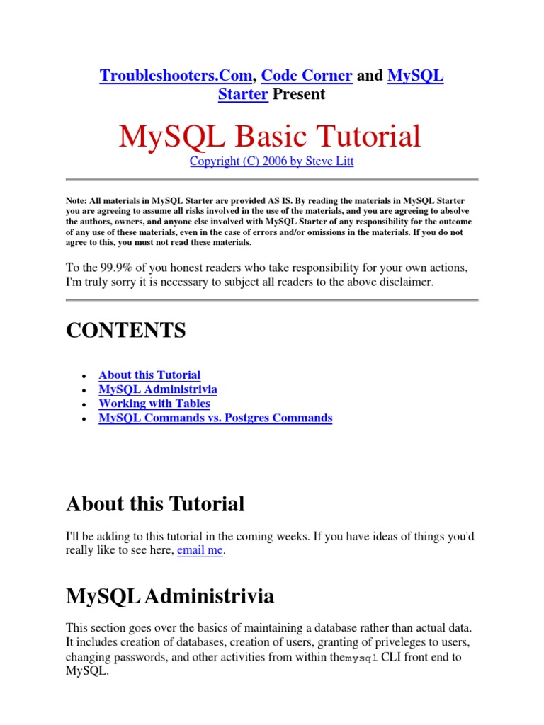 Mysql Basic Tutorial: Code Corner Mysql Starter | PDF | Superuser | Database Index
