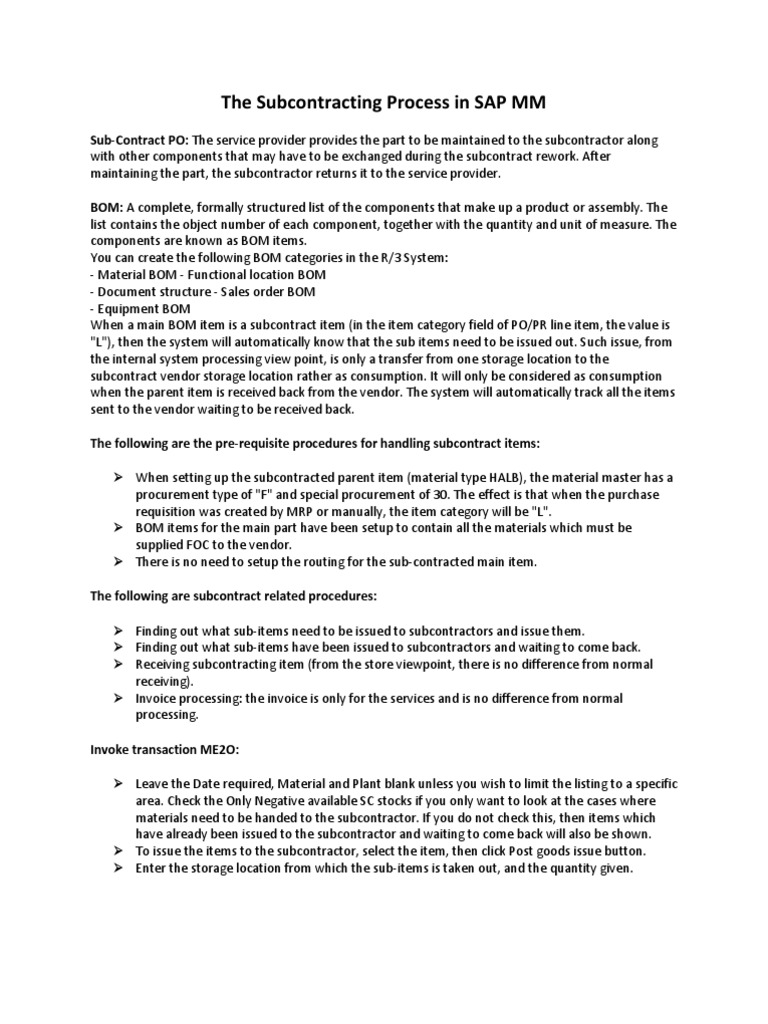 Sub-Contract Process in SAP MM | PDF | Debits And Credits | Inventory