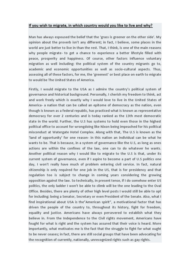 If You Wish To Migrate, in Which Country Would You Like To Live and Why ...