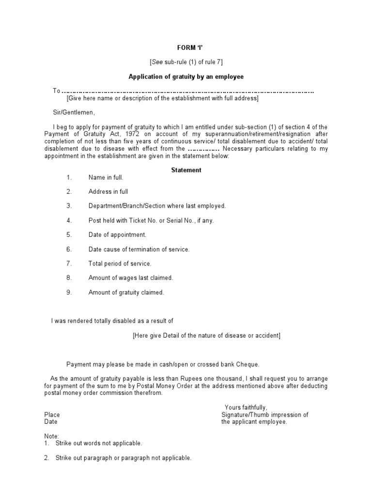 Gratuity Form I | PDF