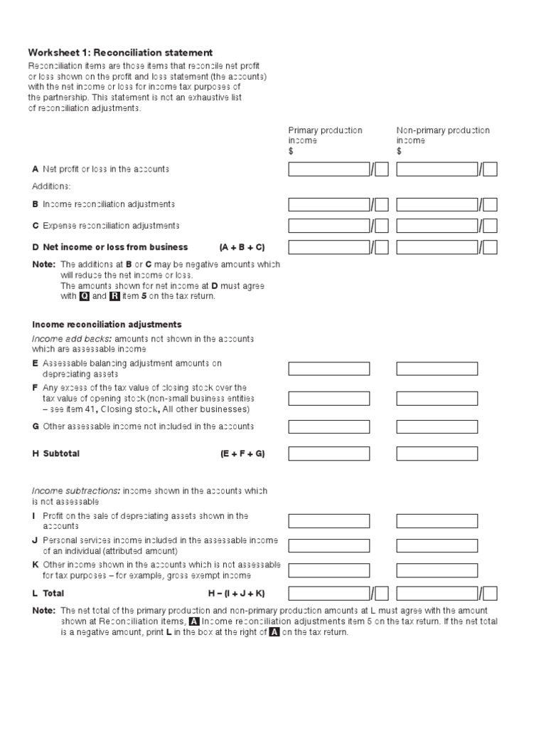 Worksheet 1: Reconciliation Statement: Income Add Backs: Amounts Not ...