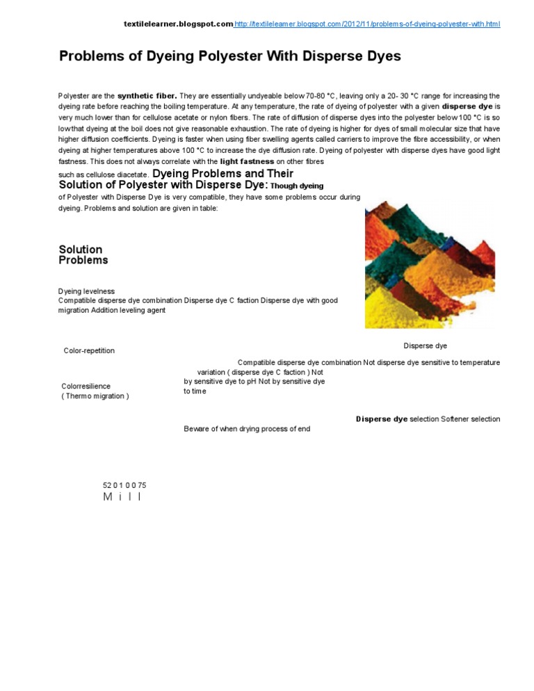 Problems of Dyeing Polyester With Disperse Dyes | Dye | Fibers