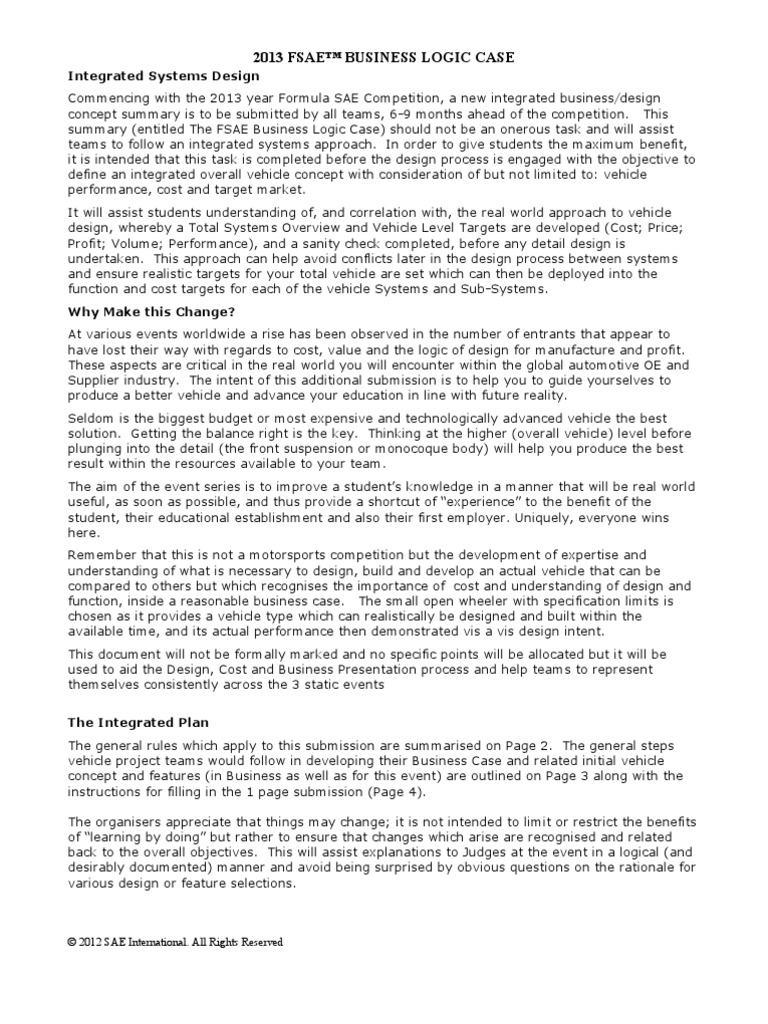 2013 FSAE Business Logic Case | PDF | Profit (Accounting) | Strategic ...