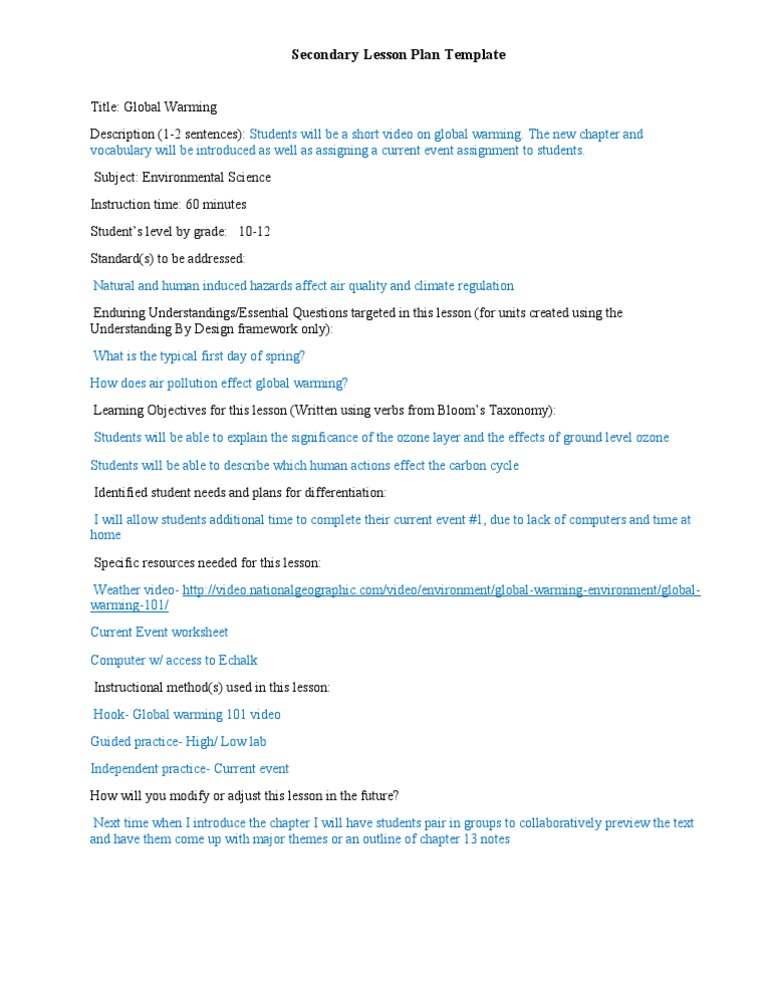Secondary Lesson Plan Template | PDF