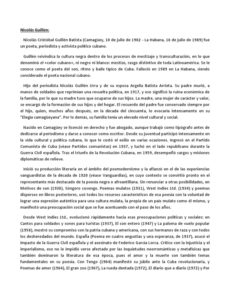 Biografía de Nicolás Guillén: Poeta Cubano | PDF | Poesía