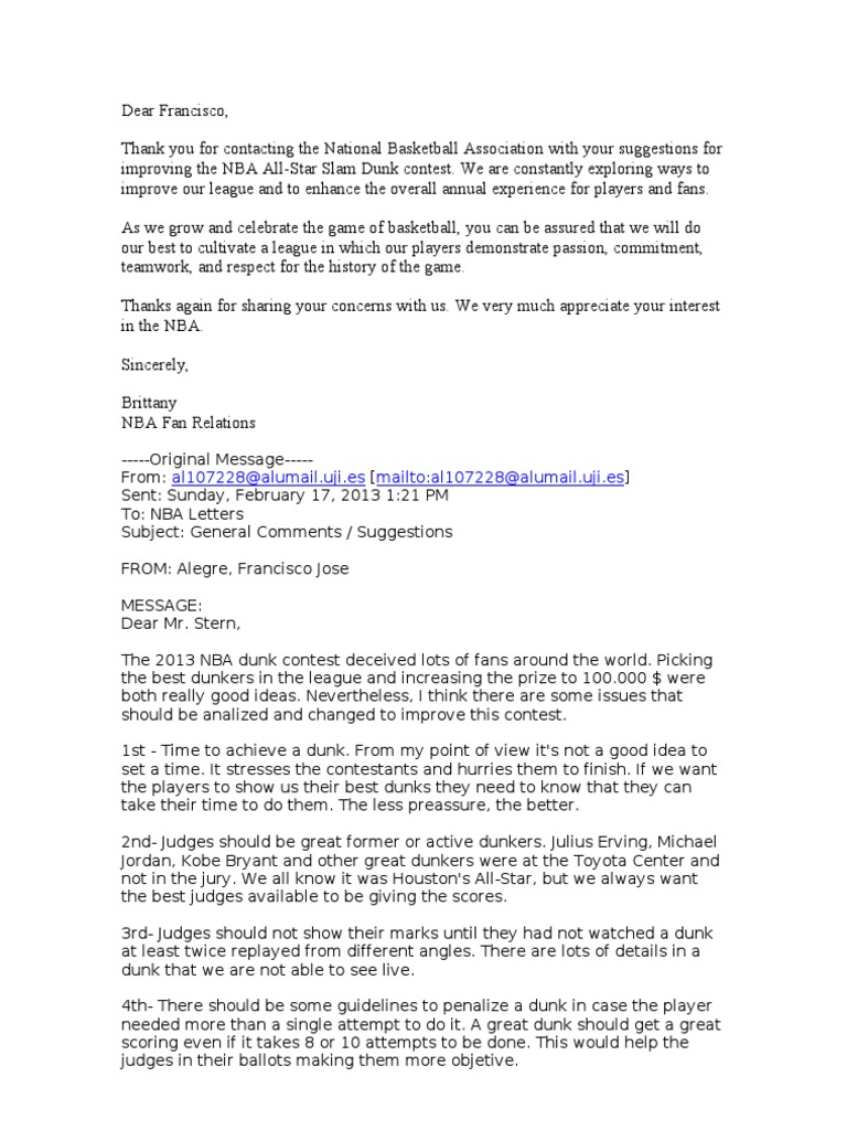 NBA Letter | PDF | National Basketball Association | Sports