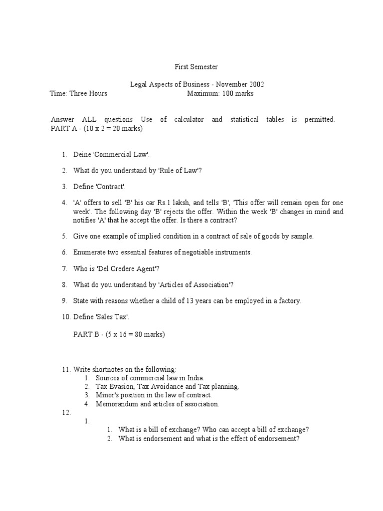 Legal Aspects of Business Examination: Analysis of Questions from Past ...