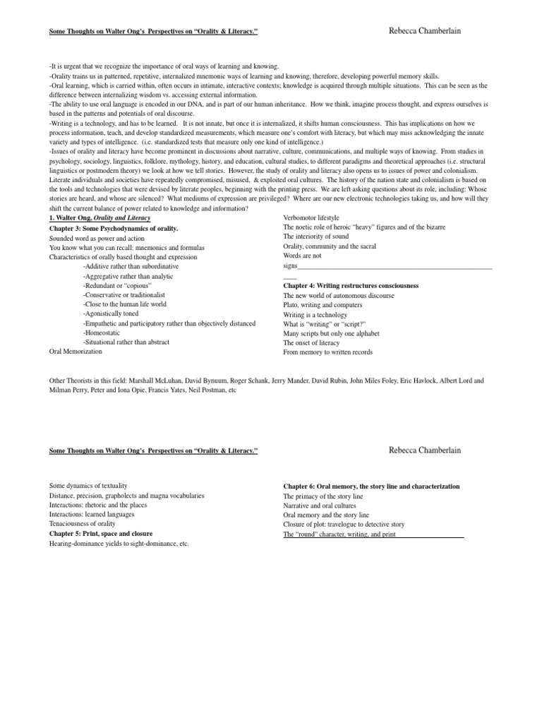 Ong Notes | PDF | Oral Tradition | Literacy