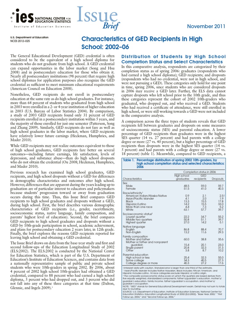 Brief: Characteristics of GED Recipients in High School: 2002-06 | PDF ...