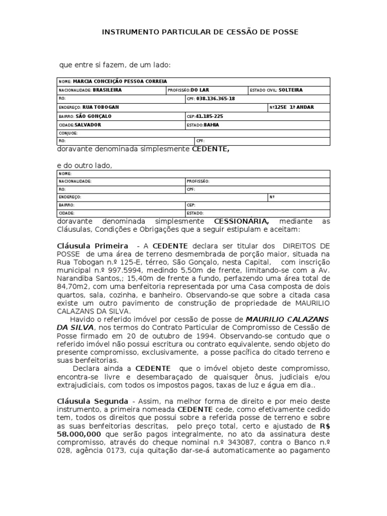 Contrato De Cessão De Posse