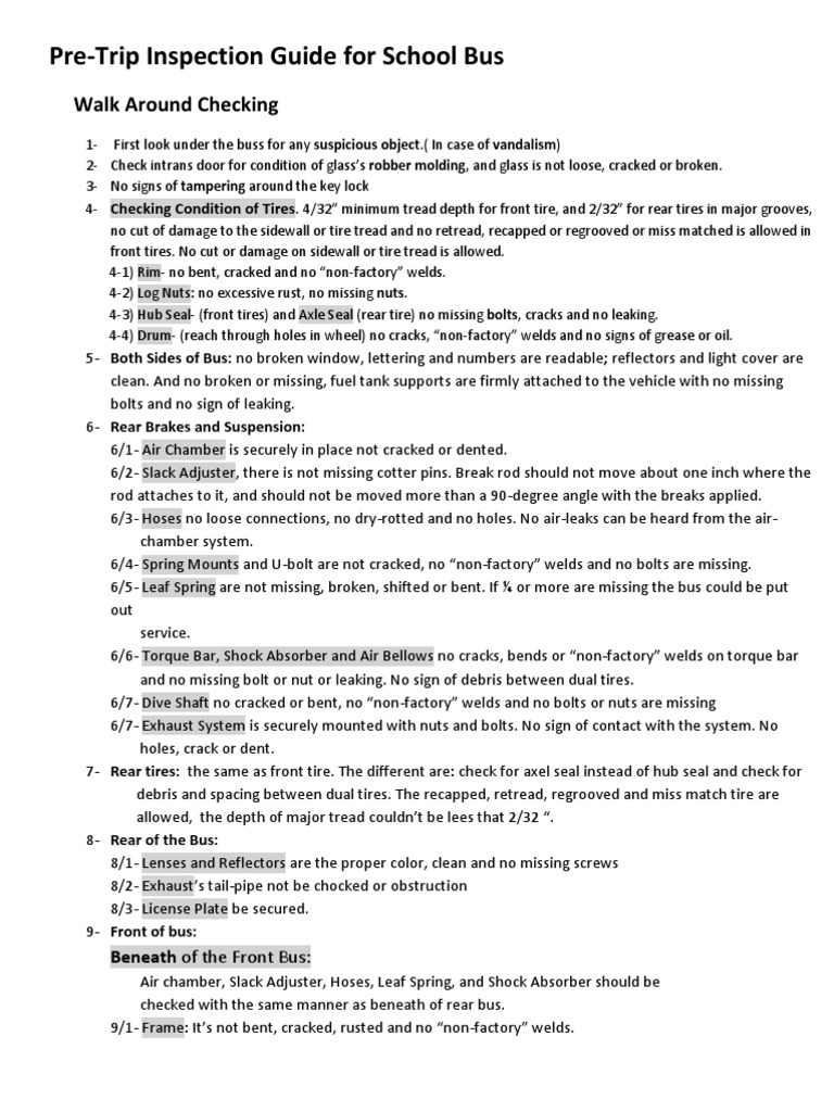 Pre-Trip Inspection For School Bus | PDF | Tire | Vehicle Parts