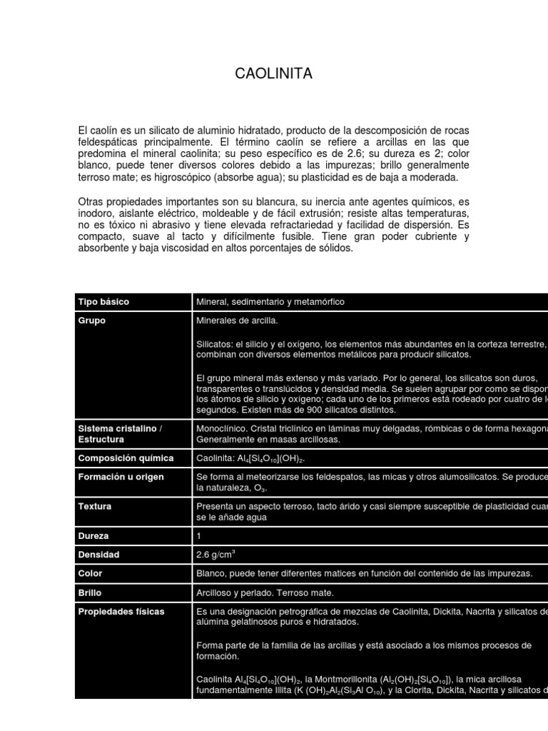 CAOLINITA | PDF | Minerales | Arcilla