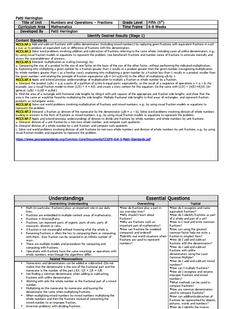 Ubd Unit Plan Herrington | PDF | Fraction (Mathematics) | Multiplication