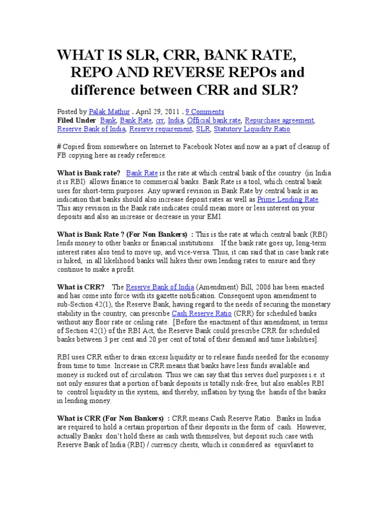 What Is SLR, CRR, Bank Rate, Repo and Reverse Repos and Difference ...