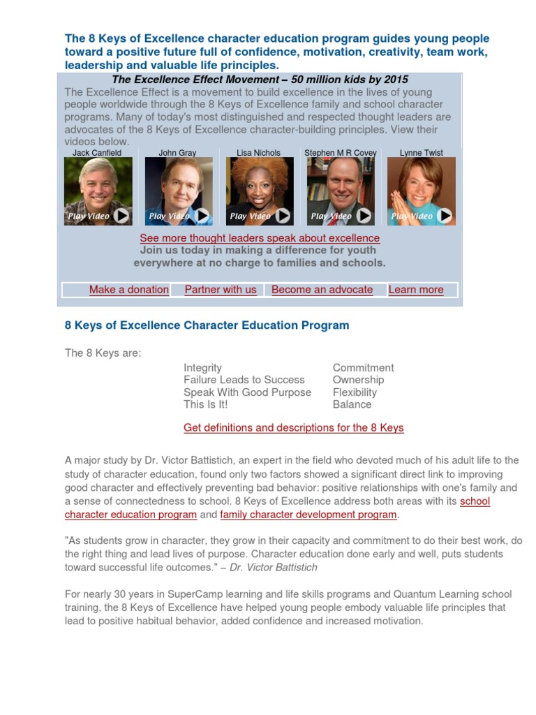 The 8 Keys of Excellence Character Education Program | PDF | Teachers ...