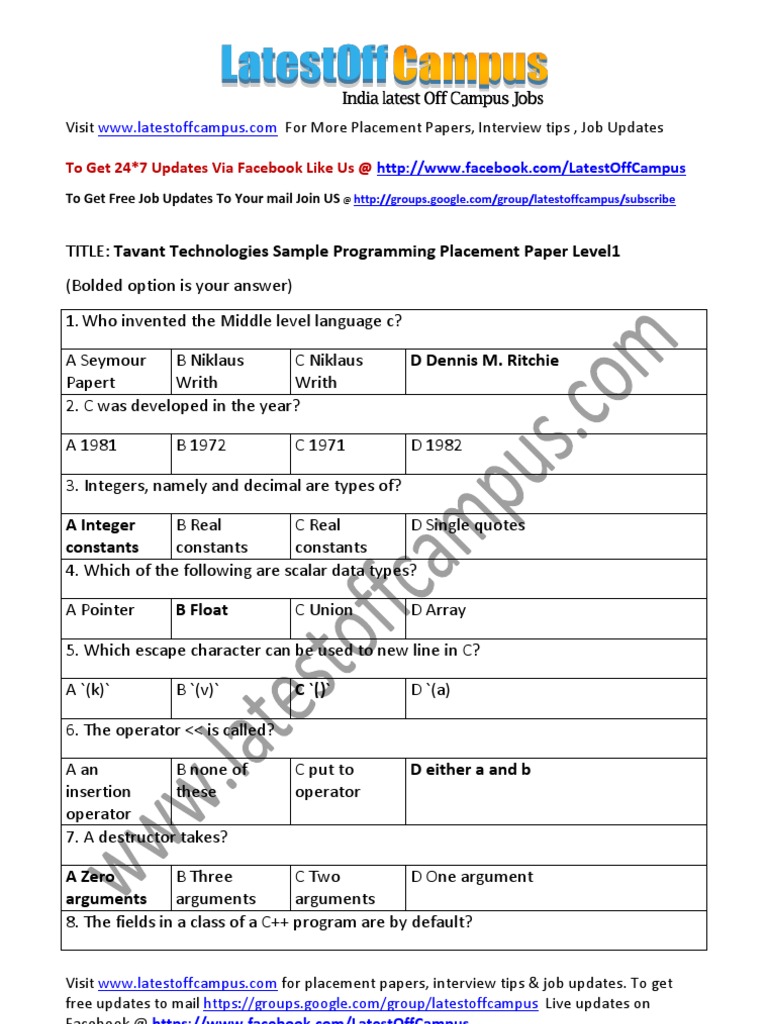Tavant Technologies Sample Programming Placement Paper Level1 Pdf C Programming Language 