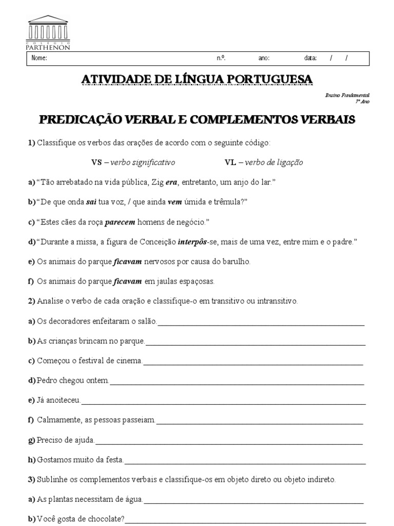 Atividade de Lingua Portuguesa Predicacao Verbal e Complementos Verbais Professora Luciana